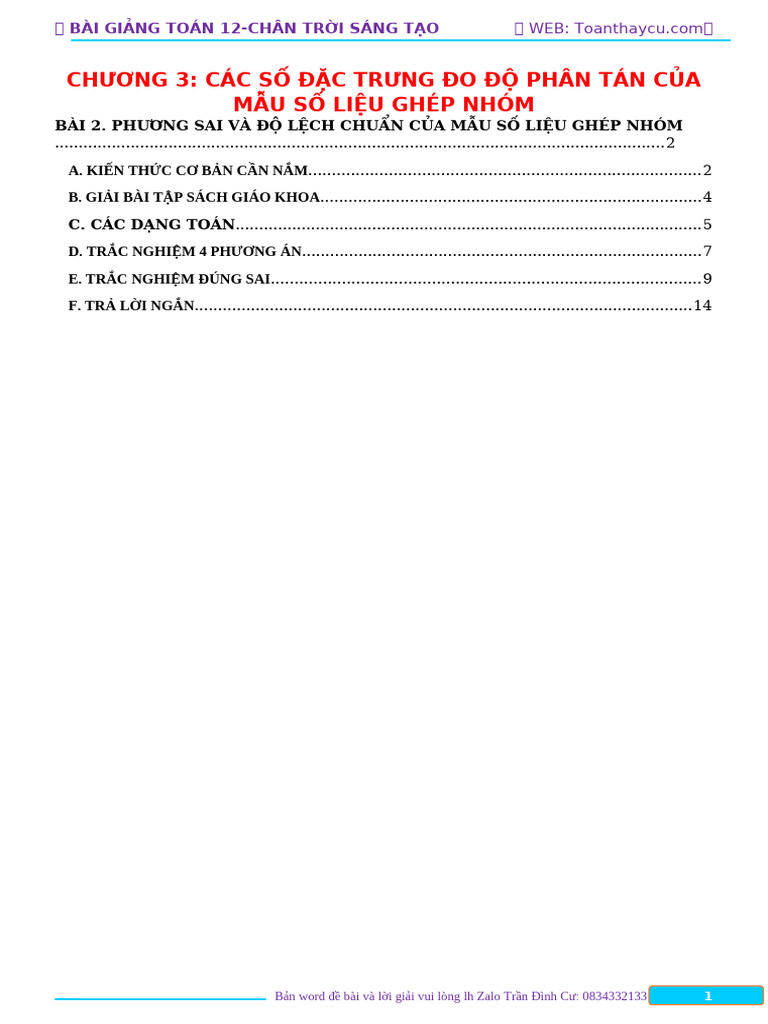 (toanthaycu.com) - Chương 3 - Bài 2 - Phương sai và độ lệch chuẩn - Đề bài - Toán 12 - CTST | PDF