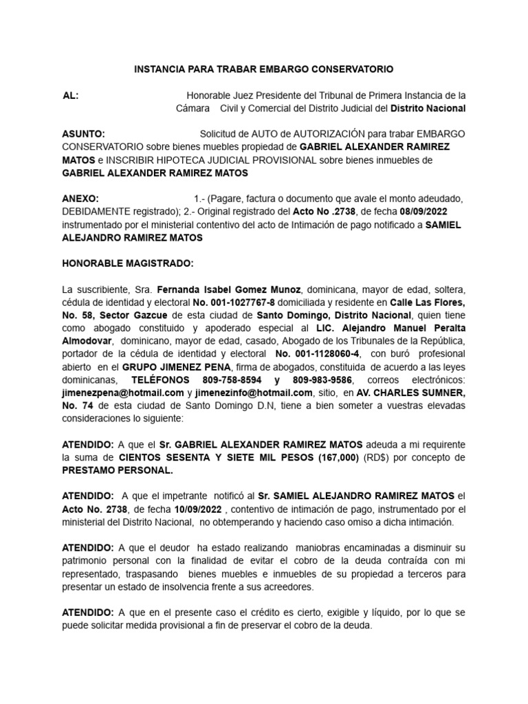 Solicitud de Embargo Conservatorio | PDF | República Dominicana