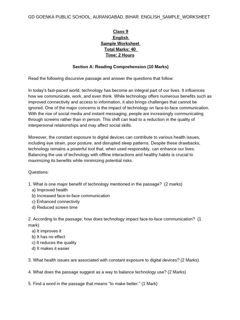 Class 9 Sample Worksheet | PDF