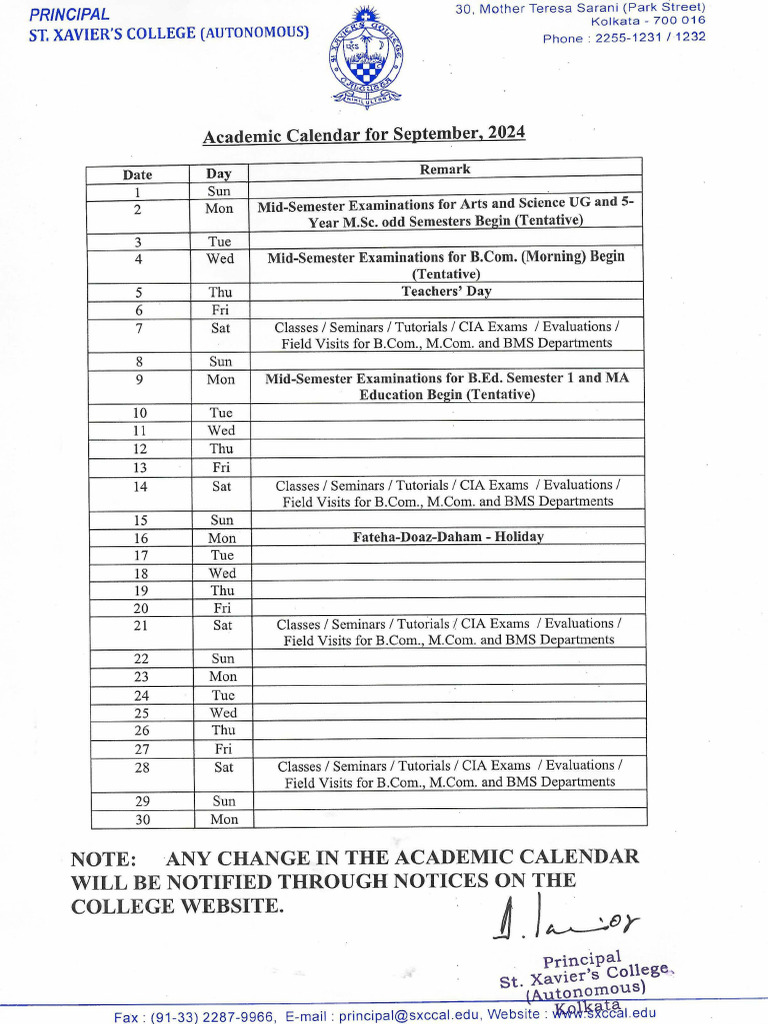 Revised Academic Calendar For September 2024 0001 | PDF