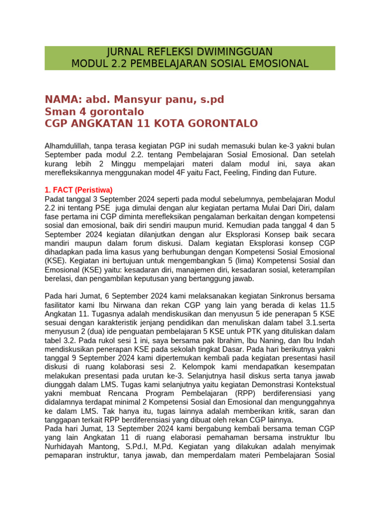 Jurnal Refleksi Dwimingguan Modul 2.2 Pse | PDF | Career & Growth | Self-Improvement