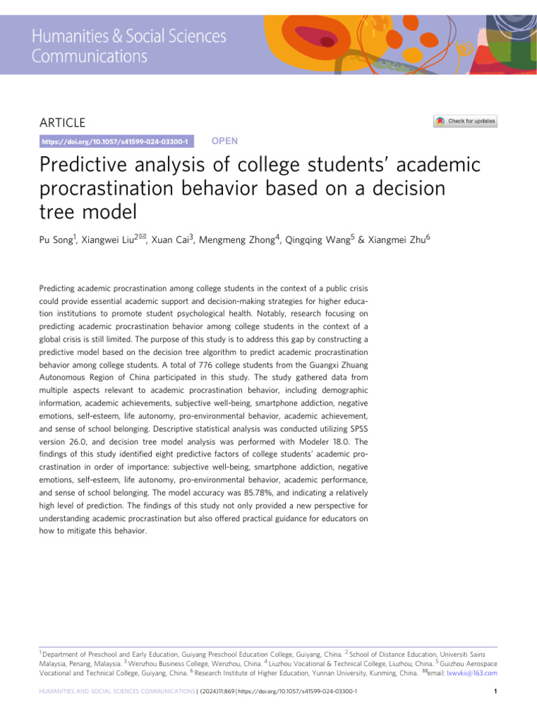 Predictive Analysis of College Students Academic Procrastination ...