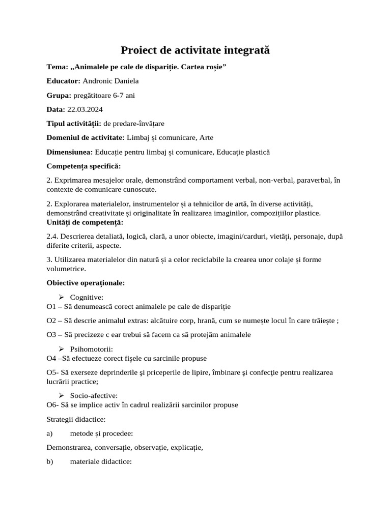 Proiect de Activitate Integrată - Animale Pe Cale de Disparitie | PDF