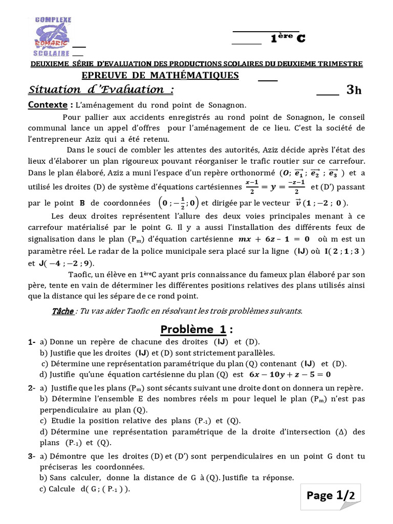1ère C MATHS 2è Trim 2è Dev 2023-2024 CSSR | PDF