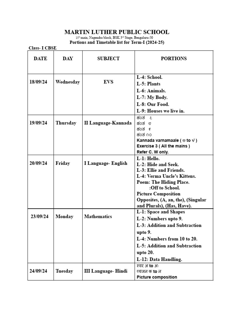 Term 1 Timetable | PDF
