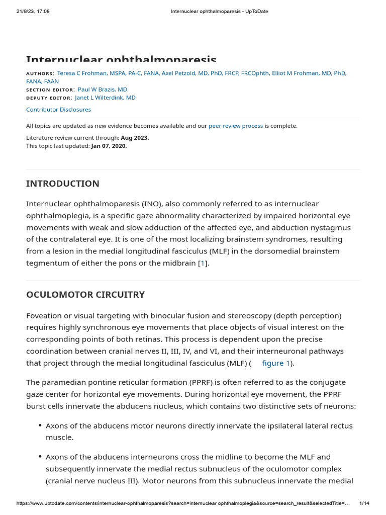 Internuclear Ophthalmoparesis - UpToDate | PDF