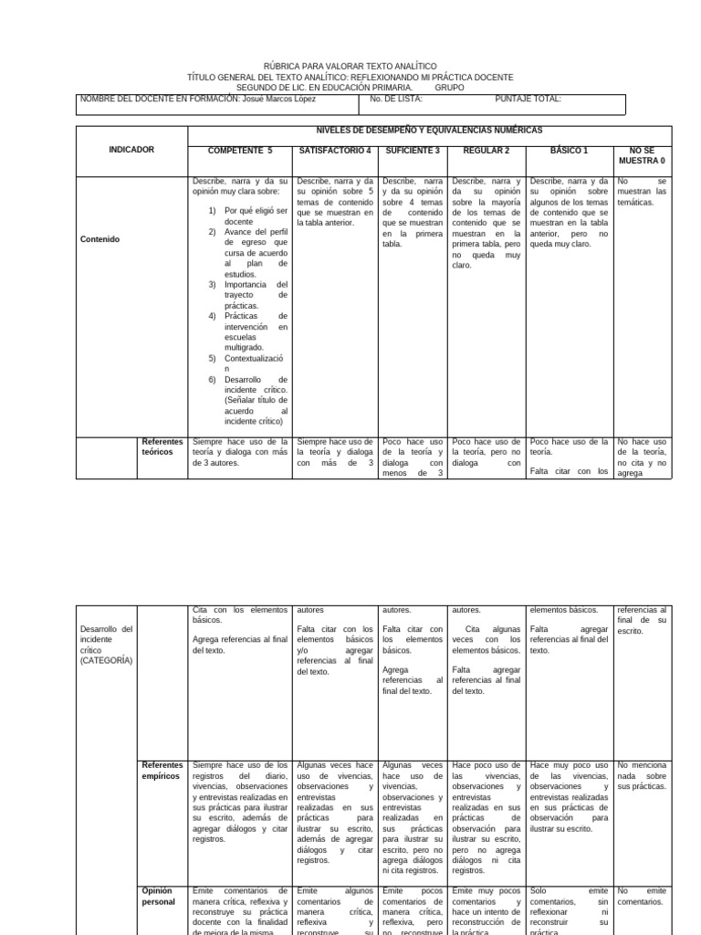 Rúbrica para Valorar Texto Analítico 2 | PDF