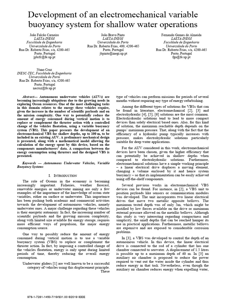 Development of an Electromechanical Variable Buoyancy System for Shallow Water Operations | PDF