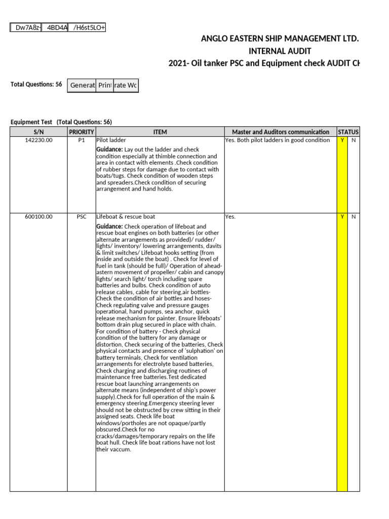 2021- Oil Tanker PSC and Equipment Audit Check List | PDF