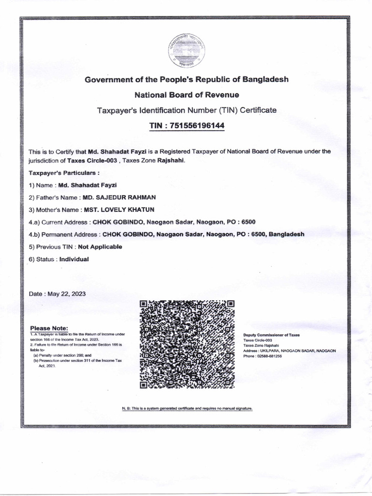 TIN Certificate | PDF