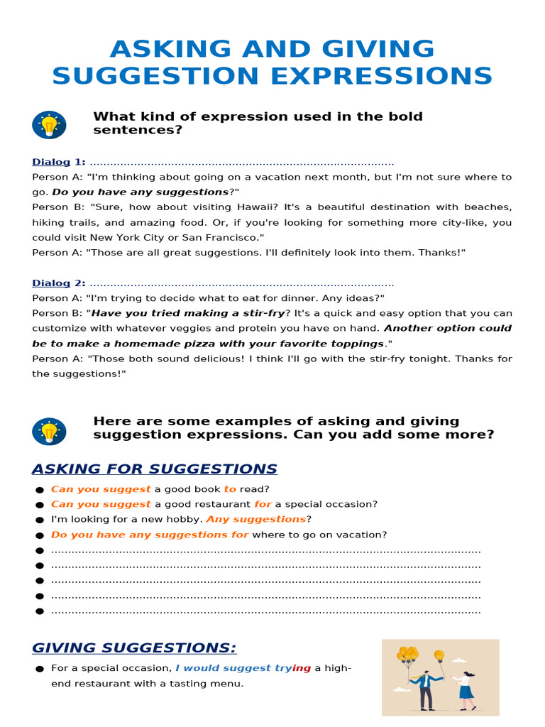 ASKING AND GIVING SUGGESTIONS (worksheet) | PDF