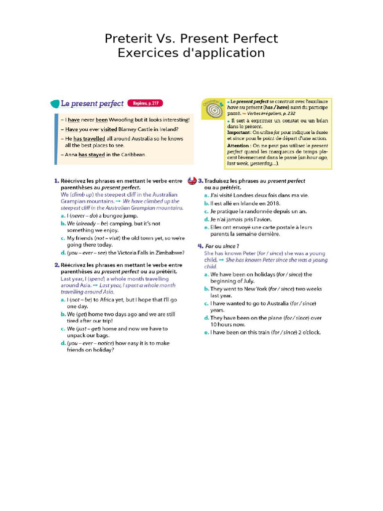 3- activités grammaticales (Preterit Vs. Present Perfect) | PDF