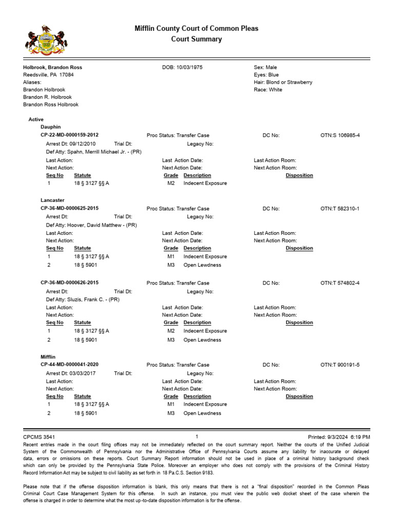 Pennsylvania court Details - Brandon Holbrook | PDF