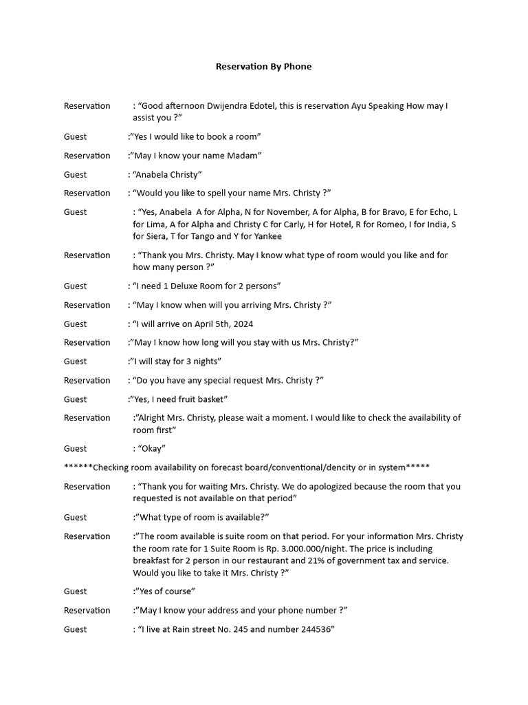 Conversation - Handling Reservation By Phone | PDF
