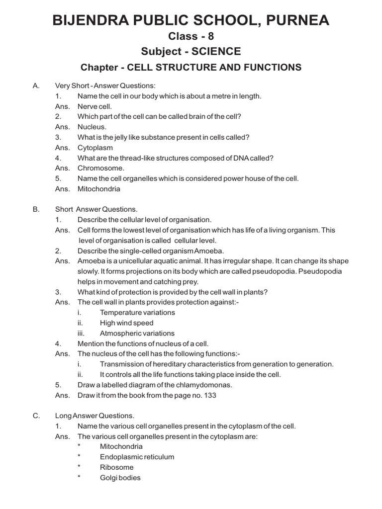 Class 8 Subject Science Chapter 8 Cell Structure and Functions | PDF