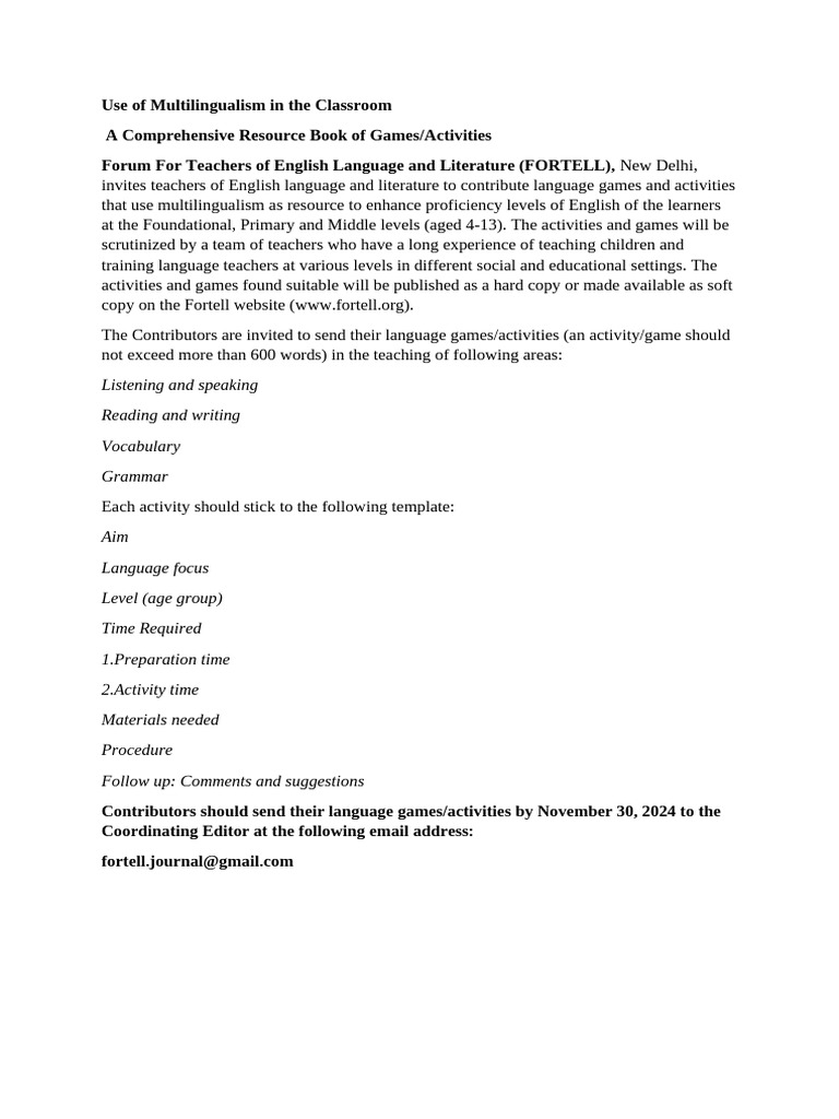 Use of Multilingualism in The Classroom Games Activities | PDF