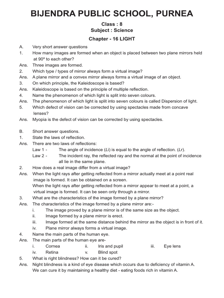 Class 8 Subject Science Chapter 16 Light | PDF