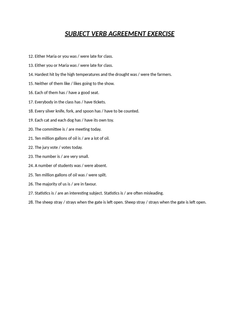 ENGLISH SUBJECT VERB AGREEMENT EXERCISE | PDF