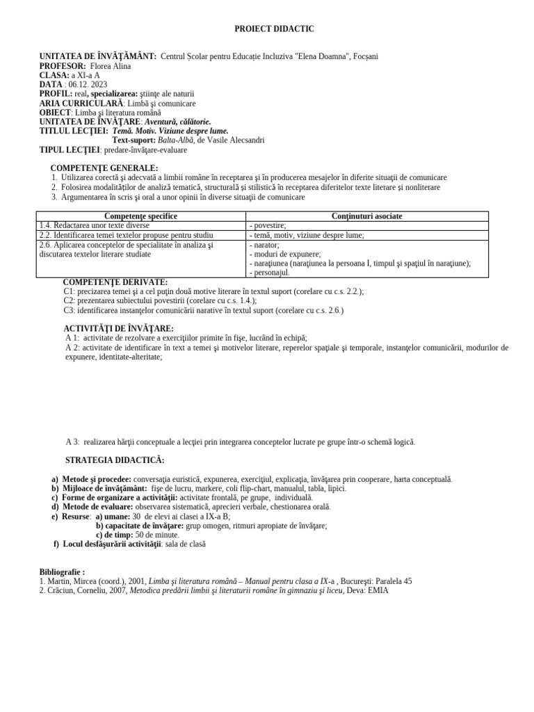 Proiect - Didactic - Balta Alba | PDF