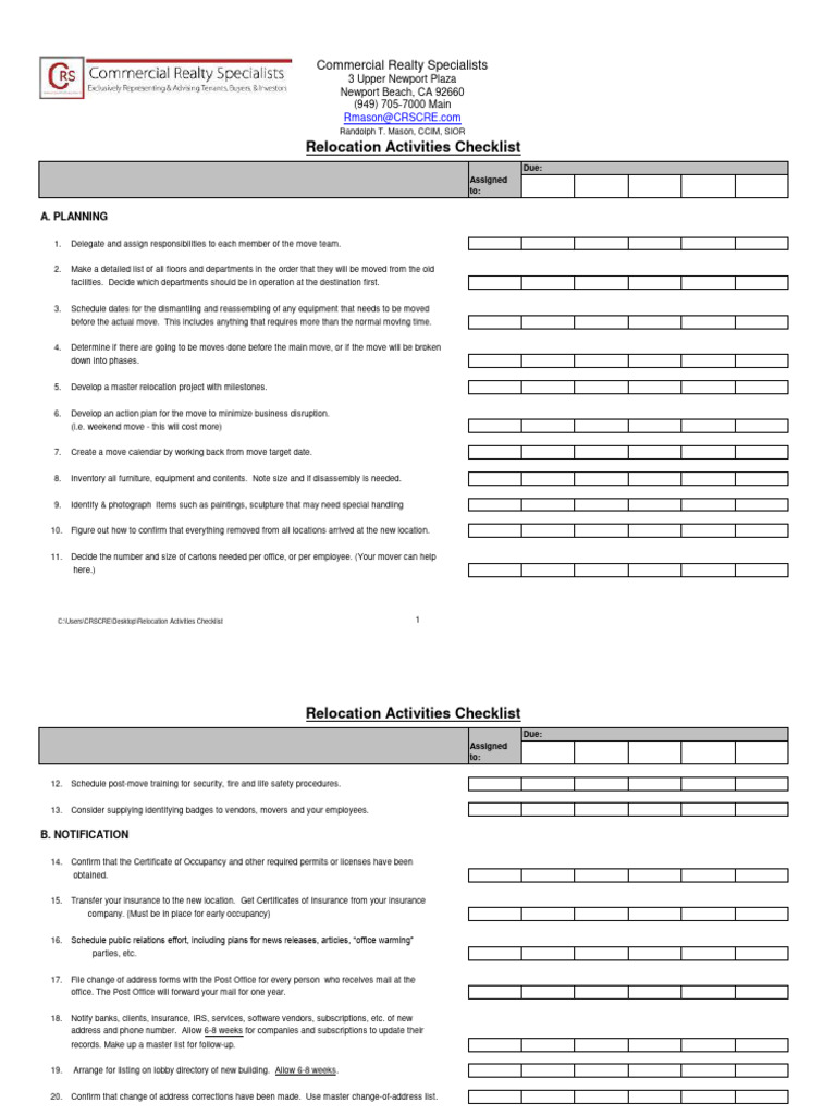 Office Relocation Checklist Guide | PDF | Elevator | Insurance