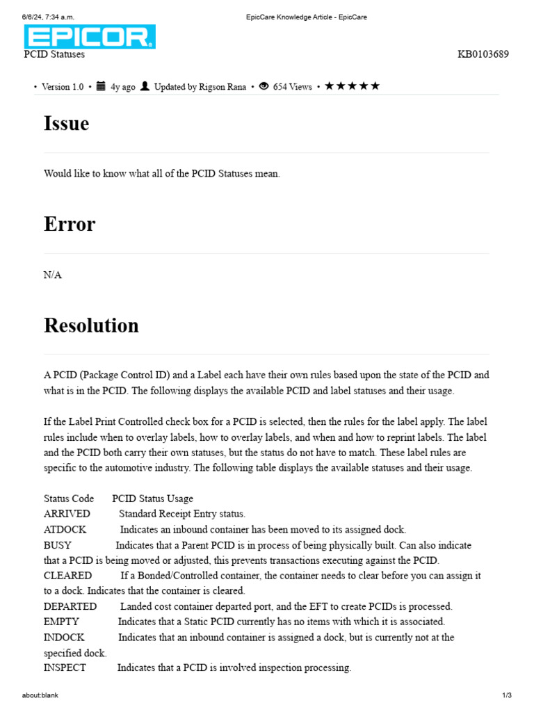 PCID Statuses | PDF