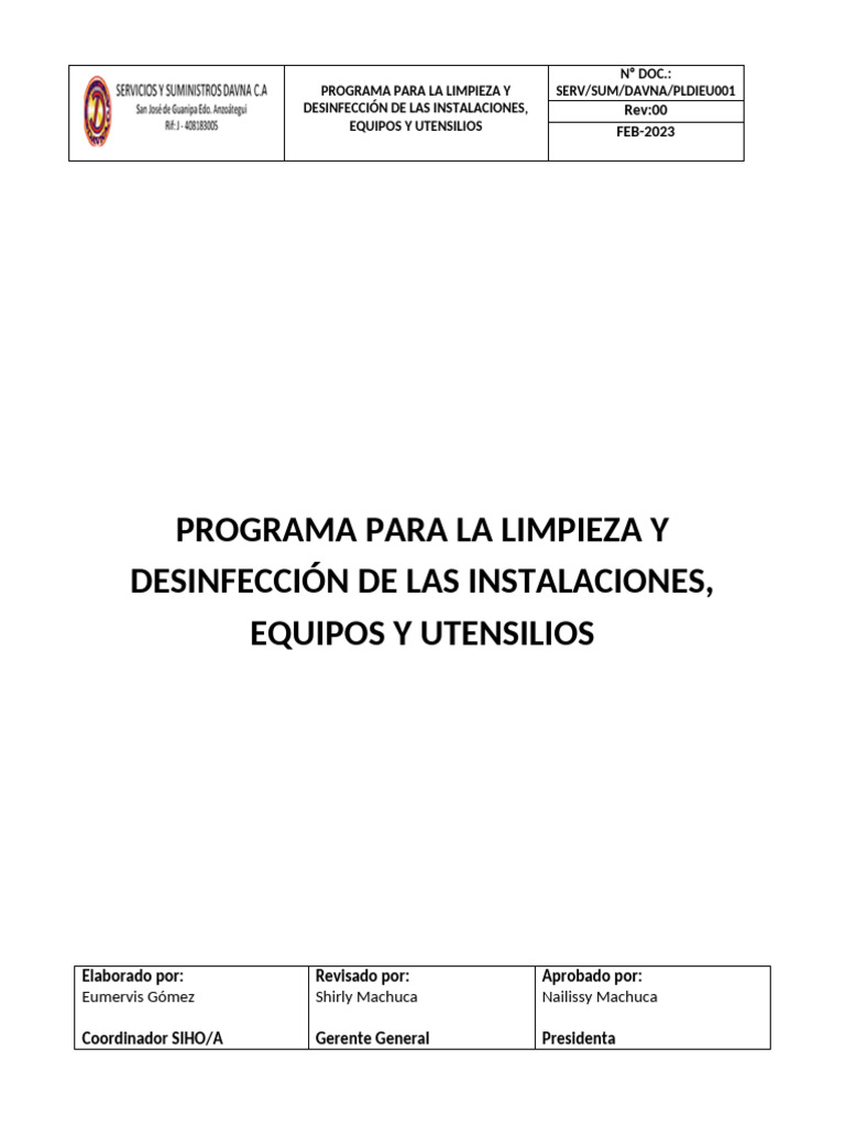 Programa para La Limpieza y Desinfección de Las Instalaciones | PDF
