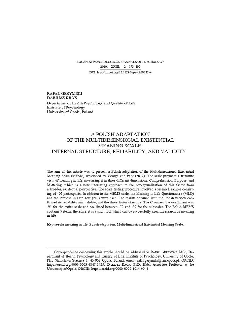 Existential Meaning Scale | PDF | Validity (Statistics) | Descriptive ...