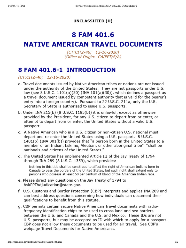 8 Fam 401.6 Native American Travel Documents | PDF