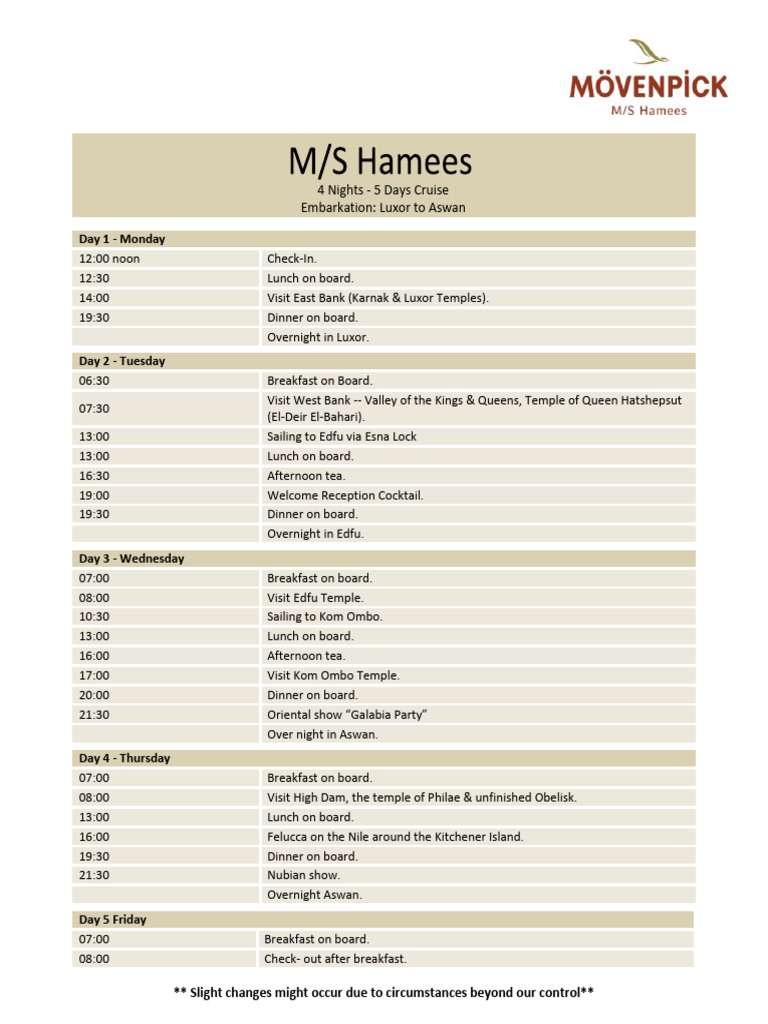 Movenpick Hamees Itinerary 4 Nights | PDF