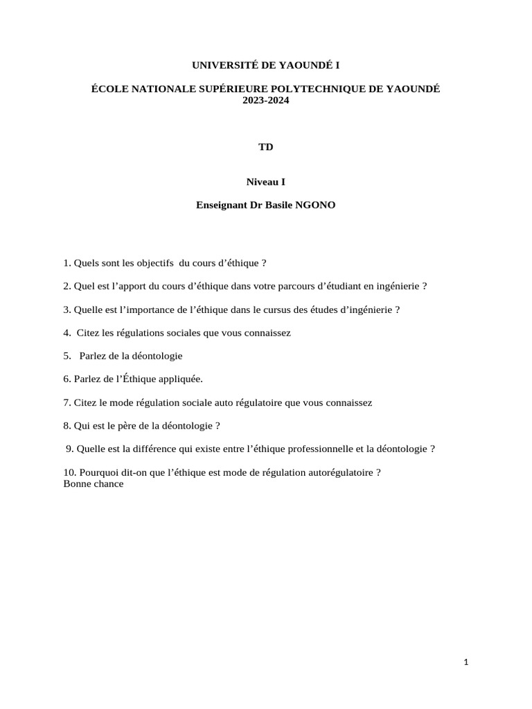 TD Polytechnique Niveau I 2023-2024-1 | PDF