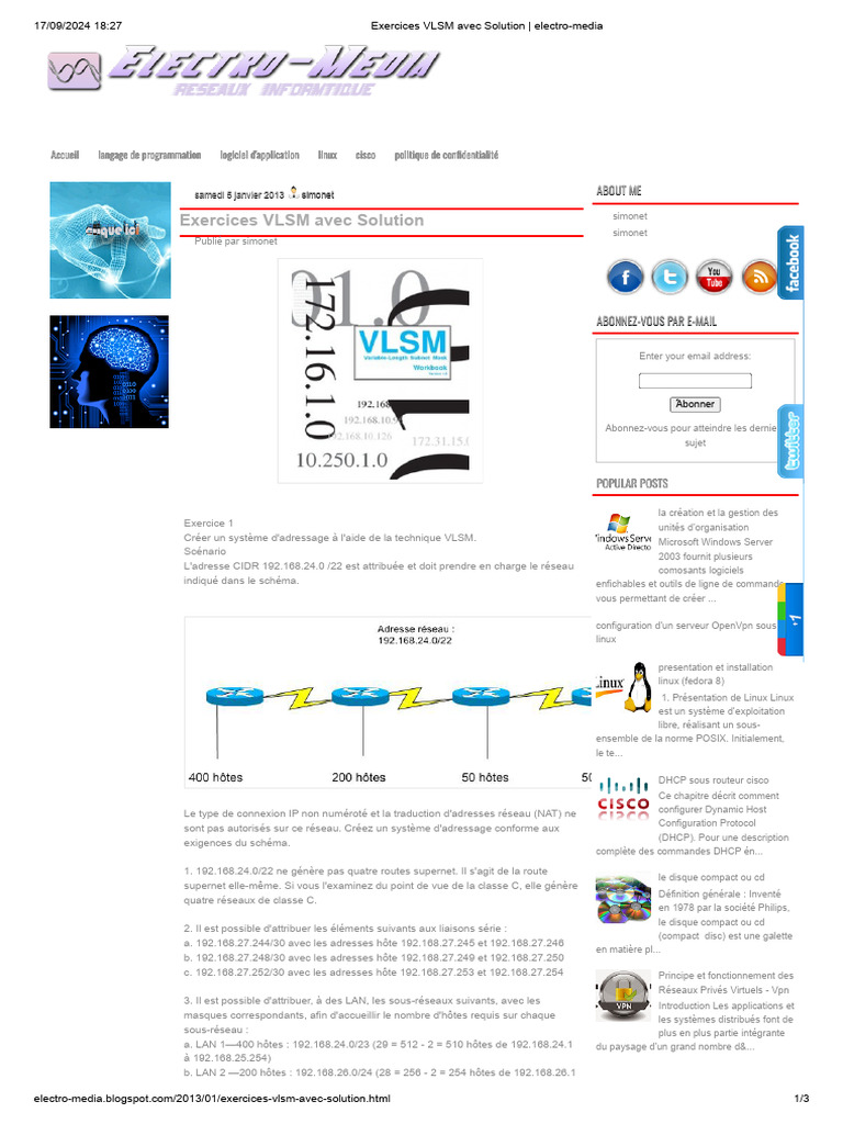 Exercices VLSM Avec Solution _ Electro-media | PDF