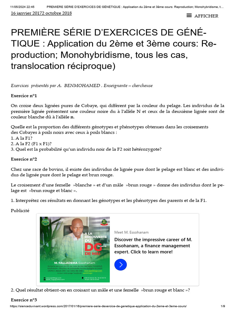 Première Série D'Exercices de Géné-TIQUE: Application Du 2ème Et 3ème Cours: Re - Production ...