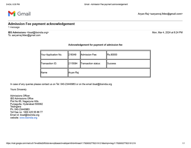 Gmail - Admission Fee Payment Acknowledgement | PDF