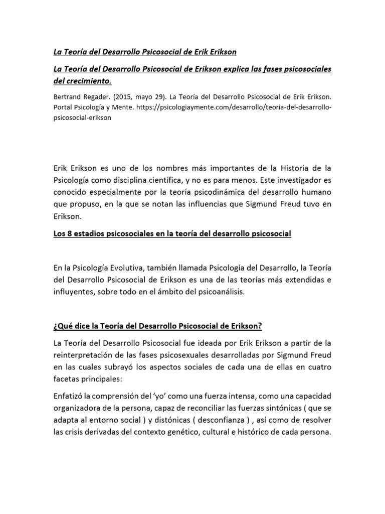 La Teoría Del Desarrollo Psicosocial de Erik Erikson | PDF | Sicología | Sigmund Freud