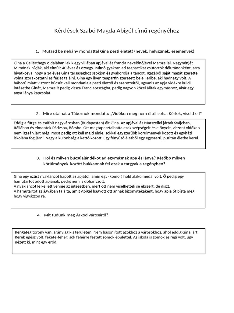 Abigél Olvasónapló Válaszokkal | PDF