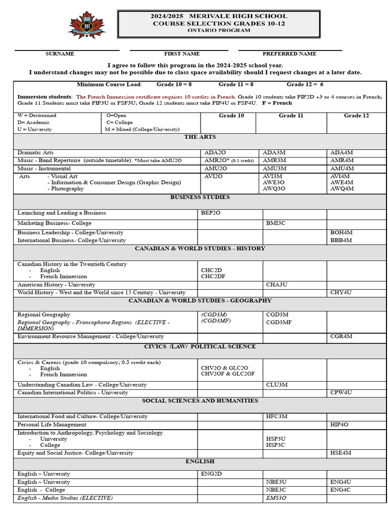 Merivale 2024 - 2025 Ontario Program Option Sheet GR 10-12 | PDF