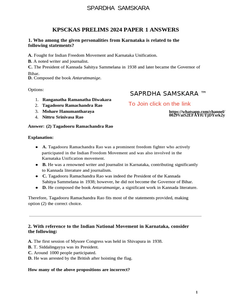 KPSC Kas Prelims 2024 Paper 1 Answers | PDF