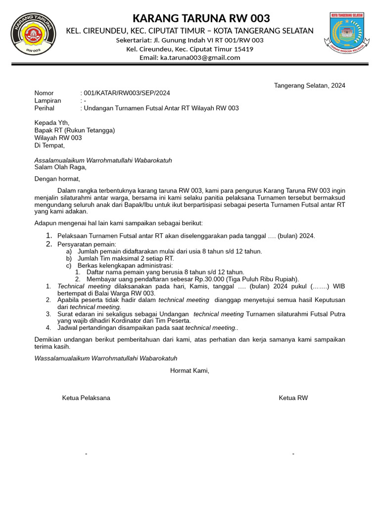 Undangan Turnamen Futsal Antar RT Wilayah RW 003 | PDF