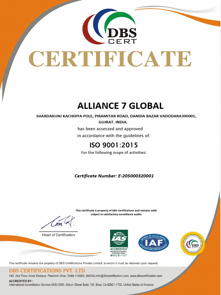 ISO 9001:2015 Certification for Alliance 7 Global | PDF