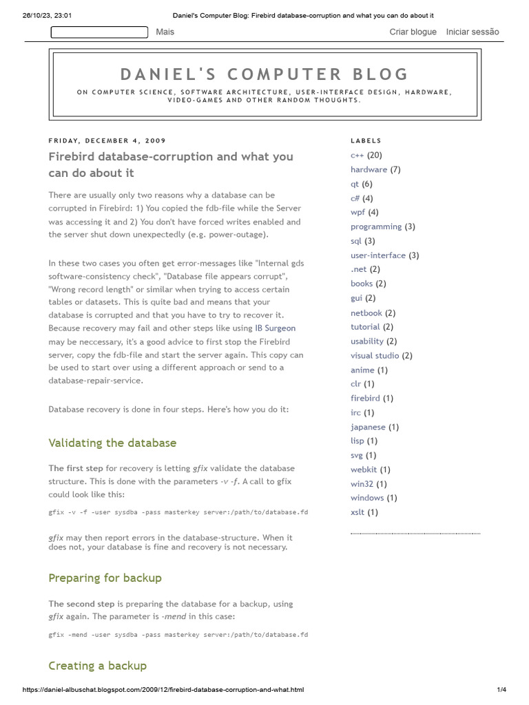 Daniel's Computer Blog - Firebird Database-Corruption and What You Can Do About It | PDF