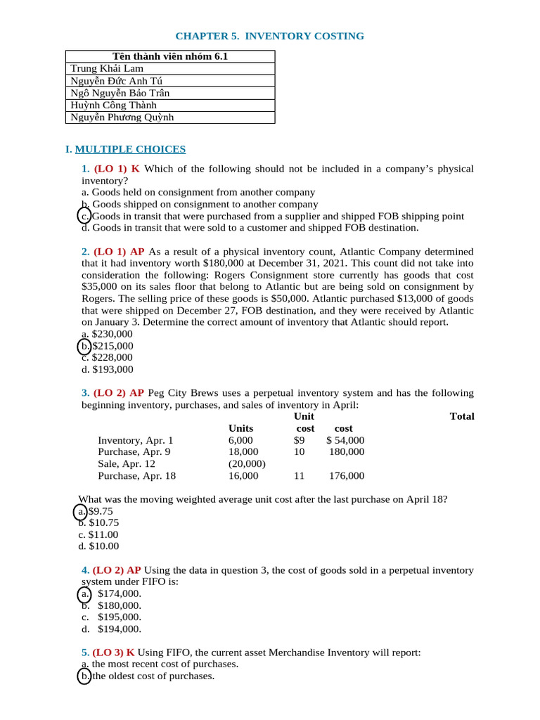 [Nhóm 6.1] Multiple choices and exercises chapter 5 | PDF