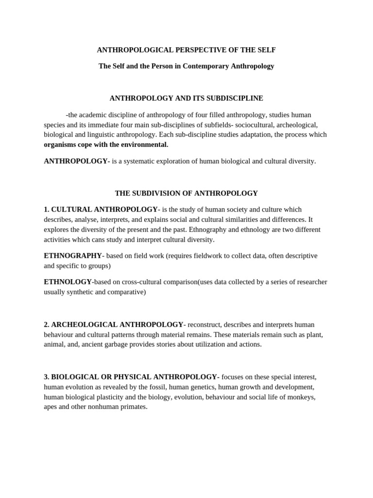 Anthropological Perspective of The Self | PDF | Anthropology | Behavioural Sciences