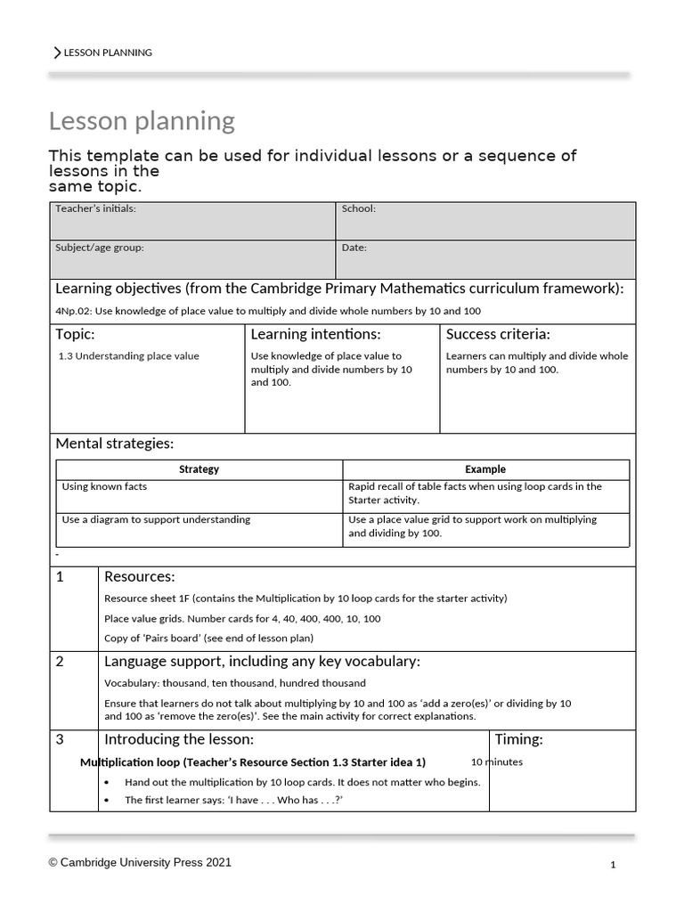 Prim Maths 4 2ed TR Example Lesson Plan 1 | PDF | Multiplication | Learning