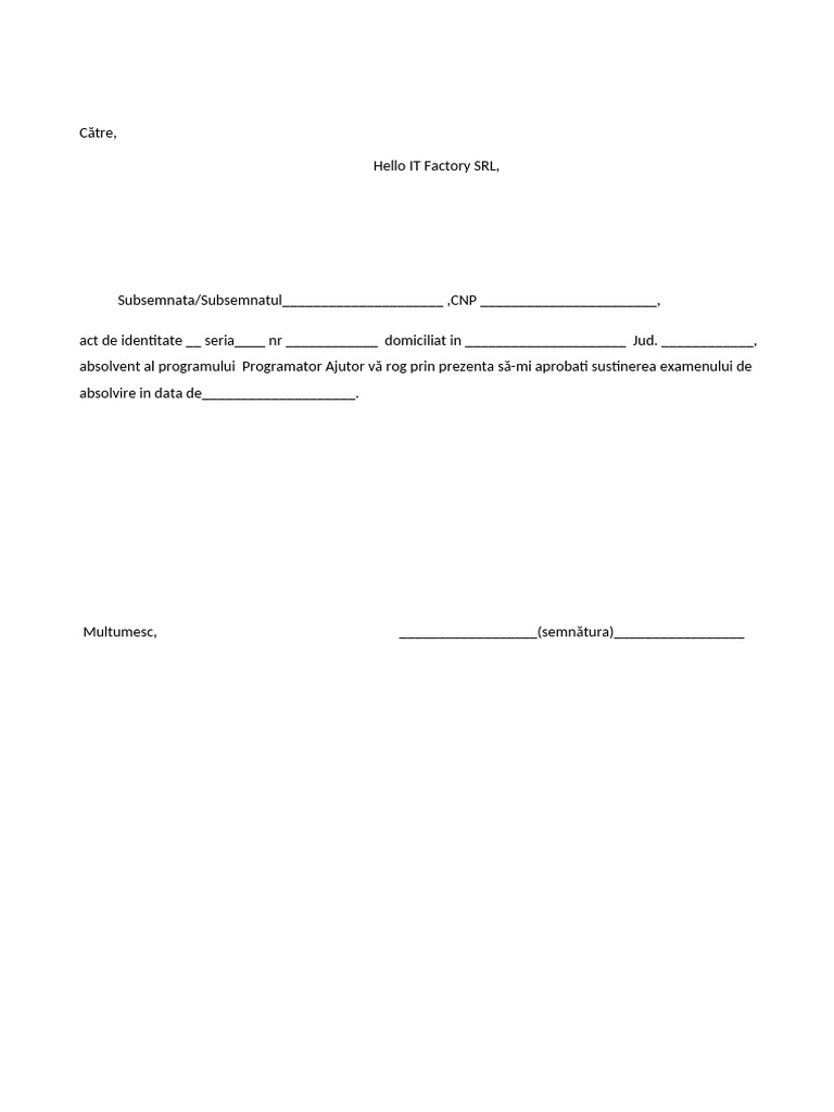 MODEL - Cerere Pentru Aprobarea Sustinerii Examenului de Absolvire 2 | PDF