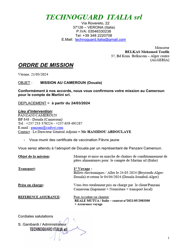 ORDRE de MISSION Belkas Panzani-Cameroun 21.03.2024 | PDF