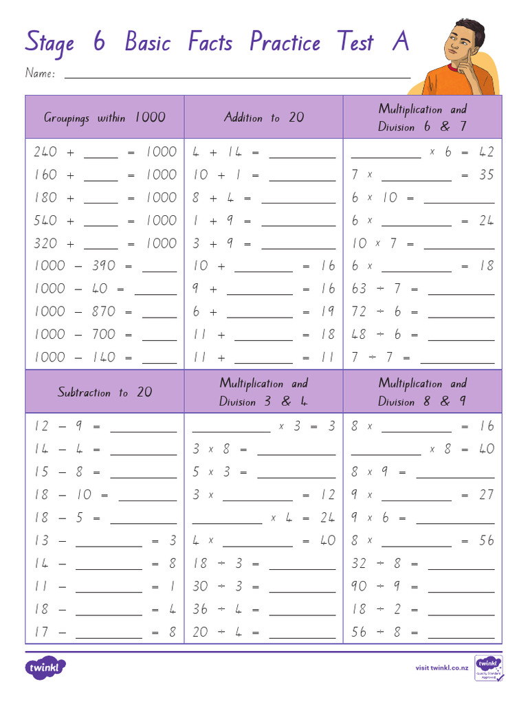 Test A - Stage 6 Basic Facts Practice | PDF
