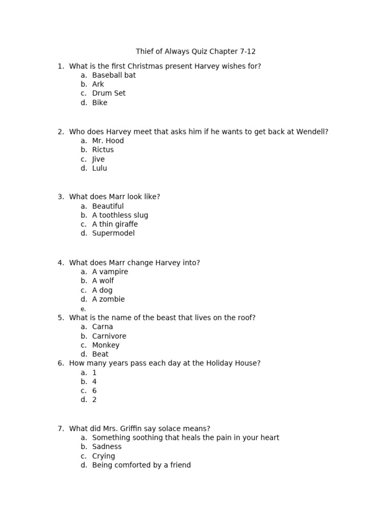 Thief of Always Quiz Chapter 7-12 | PDF