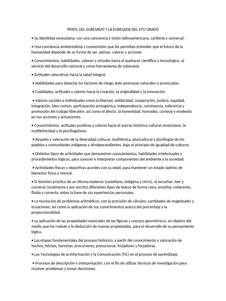 Perfil Del Egresado y La Egresada Del 6to Grado | PDF