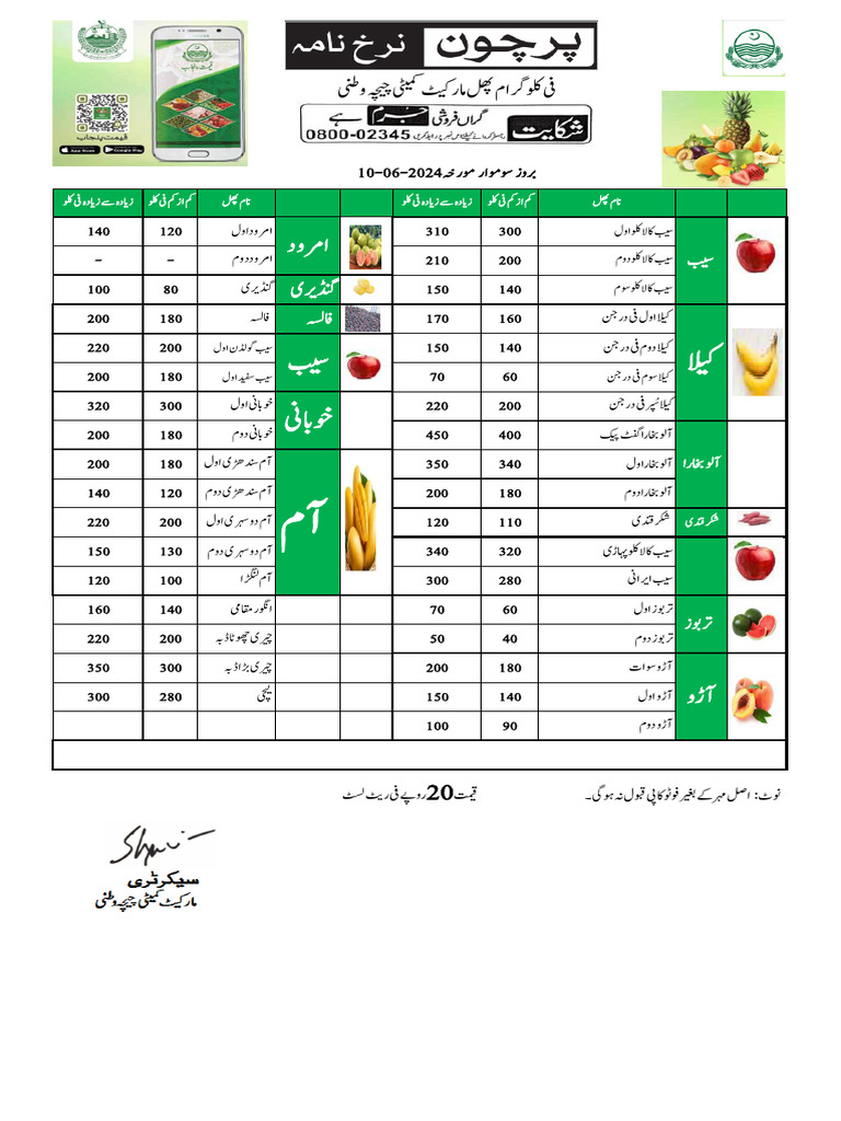 Chichawatni Rate List 2024 | PDF