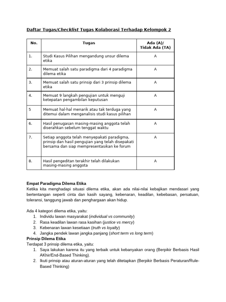 Daftar Tugas - Checklist Tugas Kolaborasi | PDF